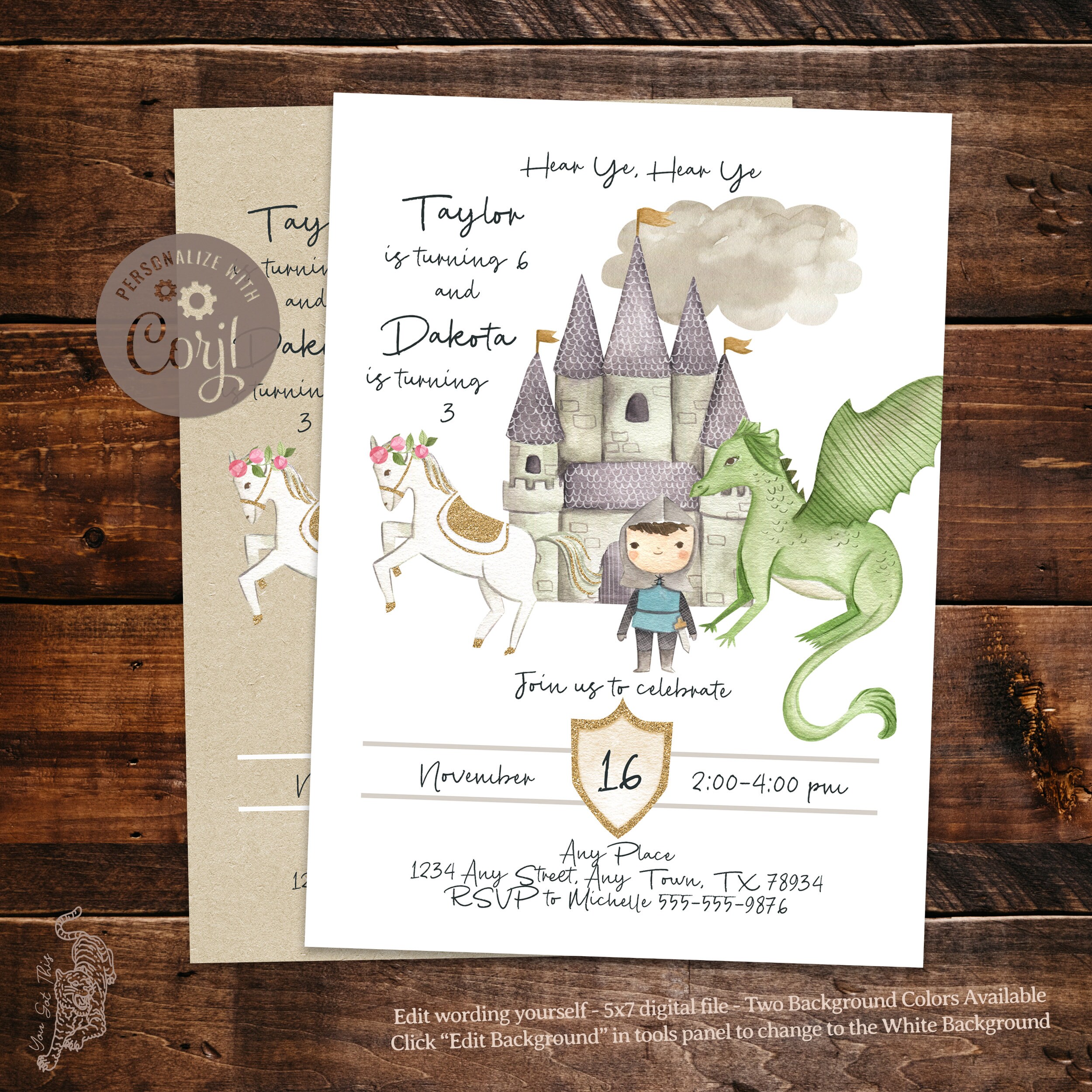 Knight Birthday Party Invitation 5x7 for Two Kids, Edit Wording ...