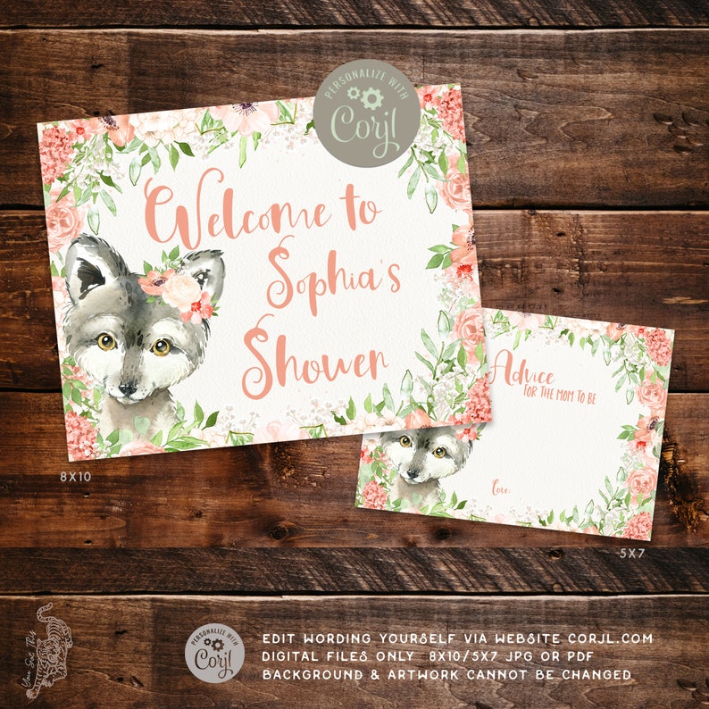 Editable Floral Wolf 8x10 Welcome Sign and 5x7 Advice Card - Etsy