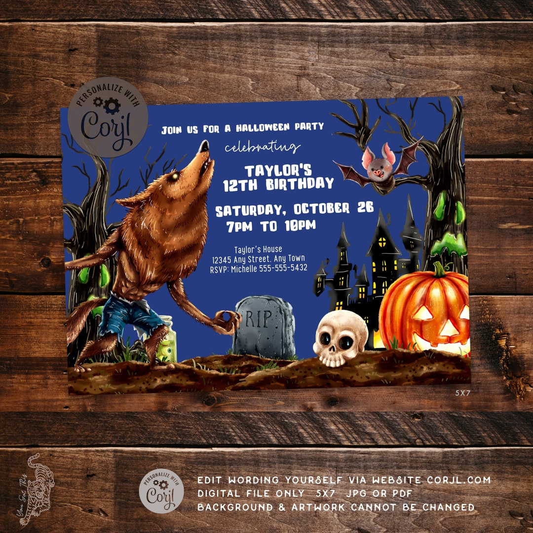 Editable Werewolf Halloween Birthday Invitation 5x7, Edit Wording ...