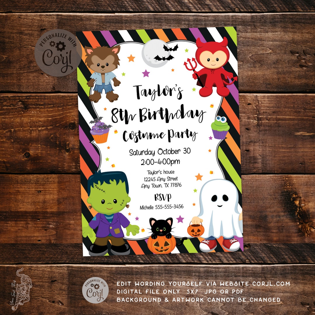 Editable Halloween Costume Birthday Party Invitation, 5x7 Invite, Edit ...