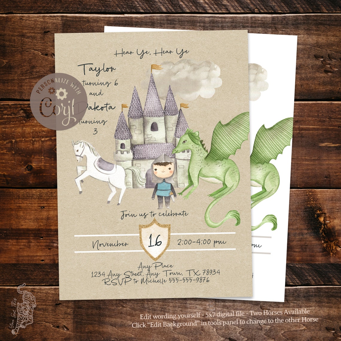 Knight Birthday Party Invitation 5x7 for Two Kids, Edit Wording ...