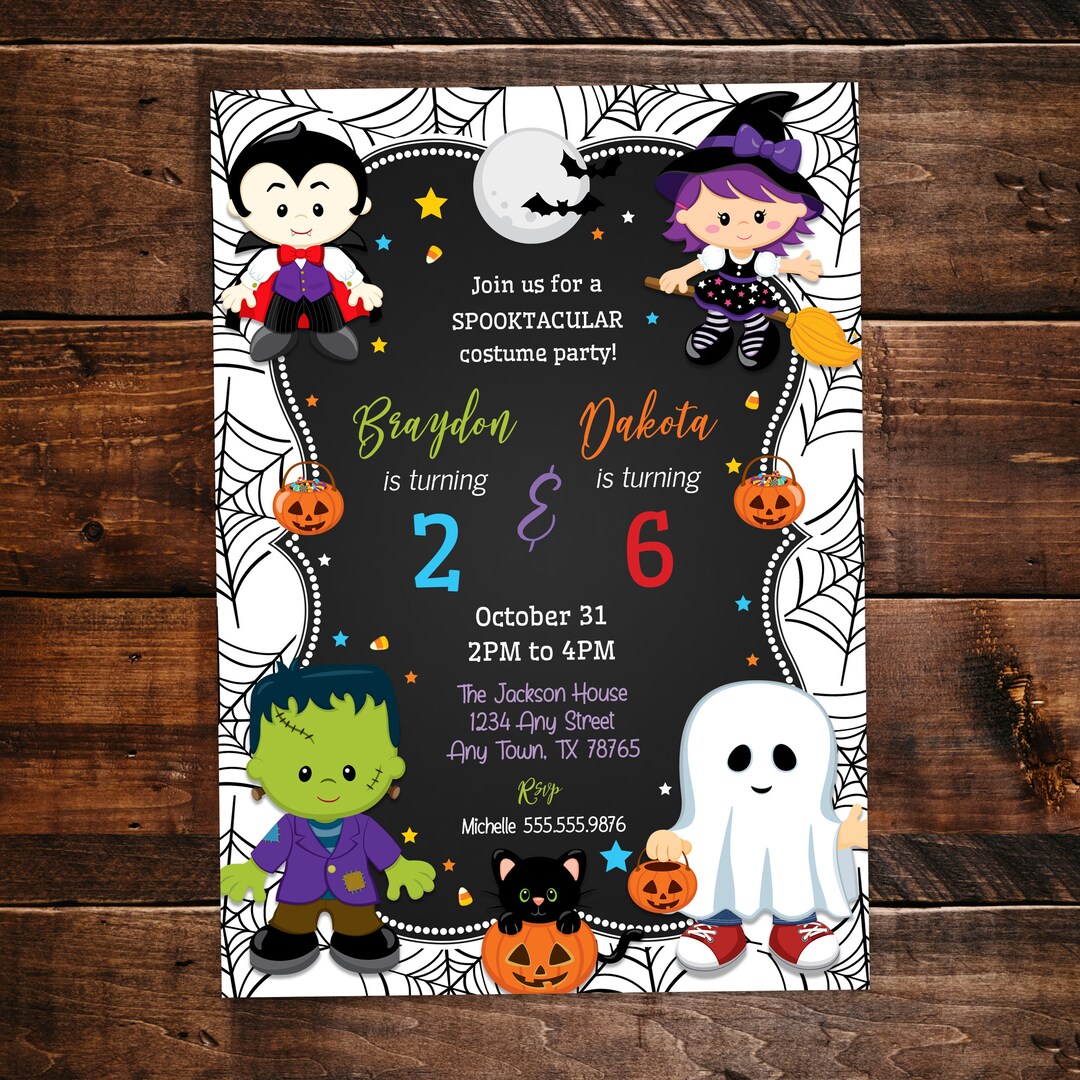 Editable Joint Halloween Birthday Costume Party Invitation for 2 Kids ...