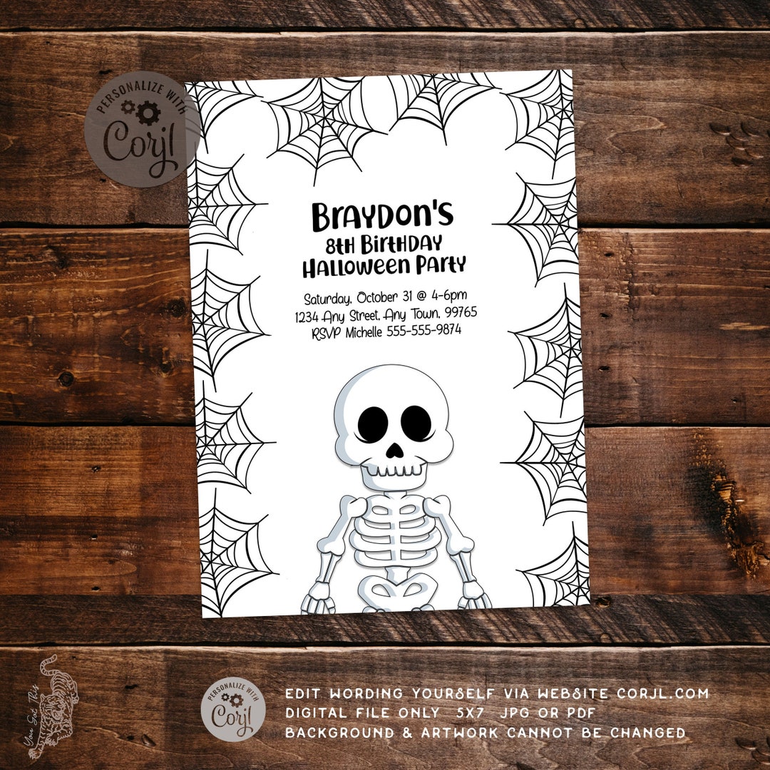 Editable Skeleton Halloween Birthday Invitation, 5x7 Invite, Edit ...