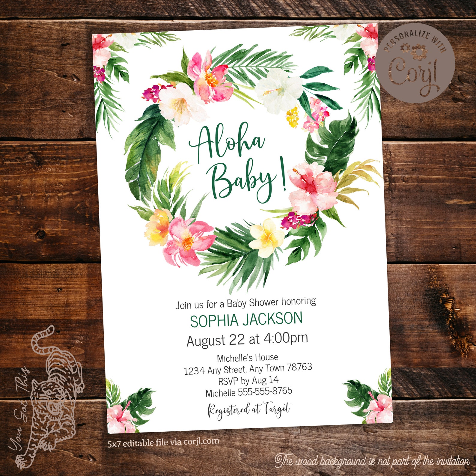 Editable Aloha Baby Shower Package, 5x7 Invitation, Tropical Flowers ...