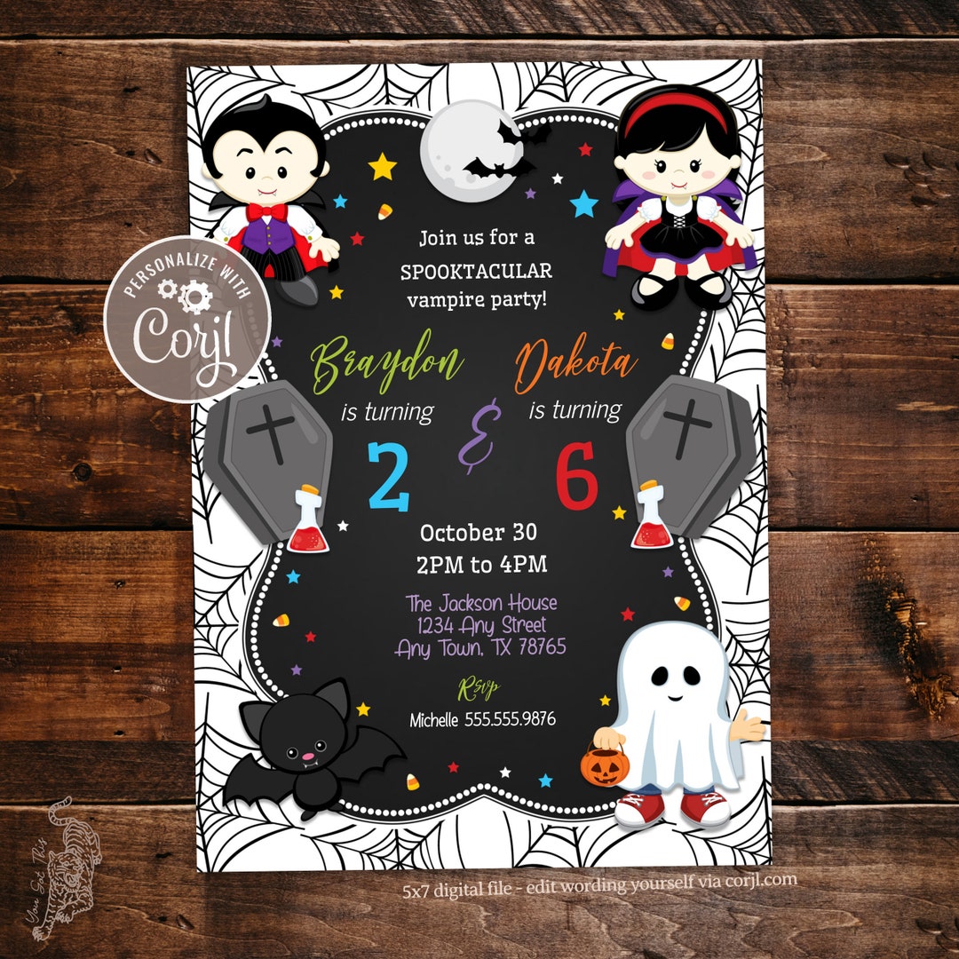 Vampire Birthday Party Invitation for 2 Kids, 5x7 Invite, Edit Wording ...