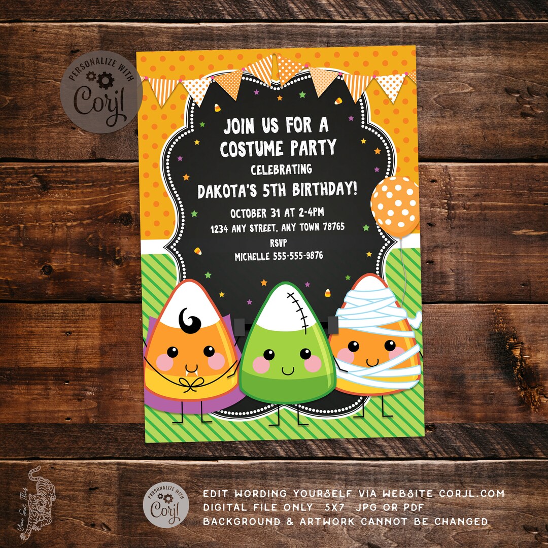 Editable Candy Corn Birthday Costume Party Invitation, 5x7 Invite, Edit ...