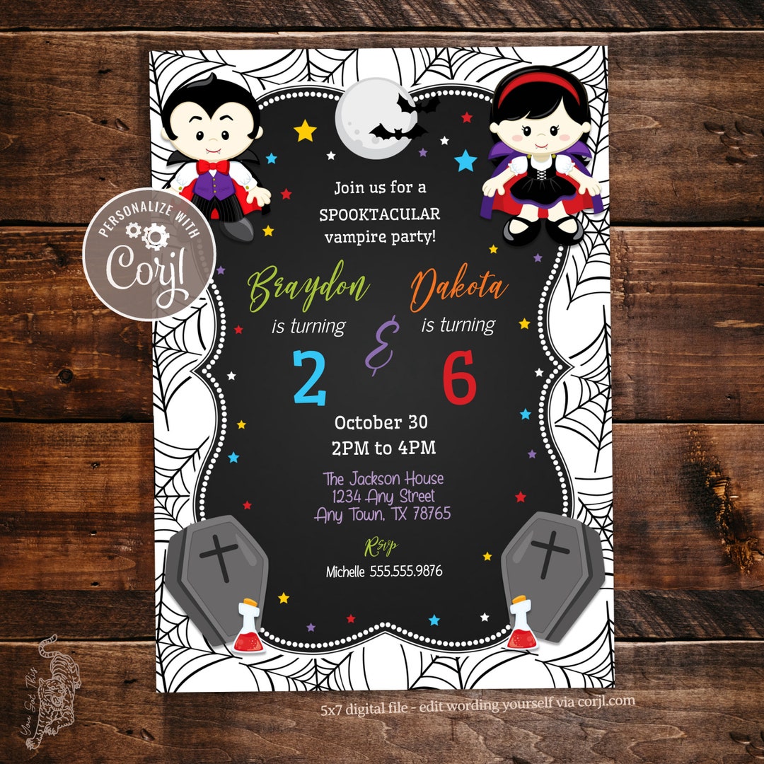 Vampire Birthday Party Invitation for 2 Kids, 5x7 Invite, Edit Wording ...
