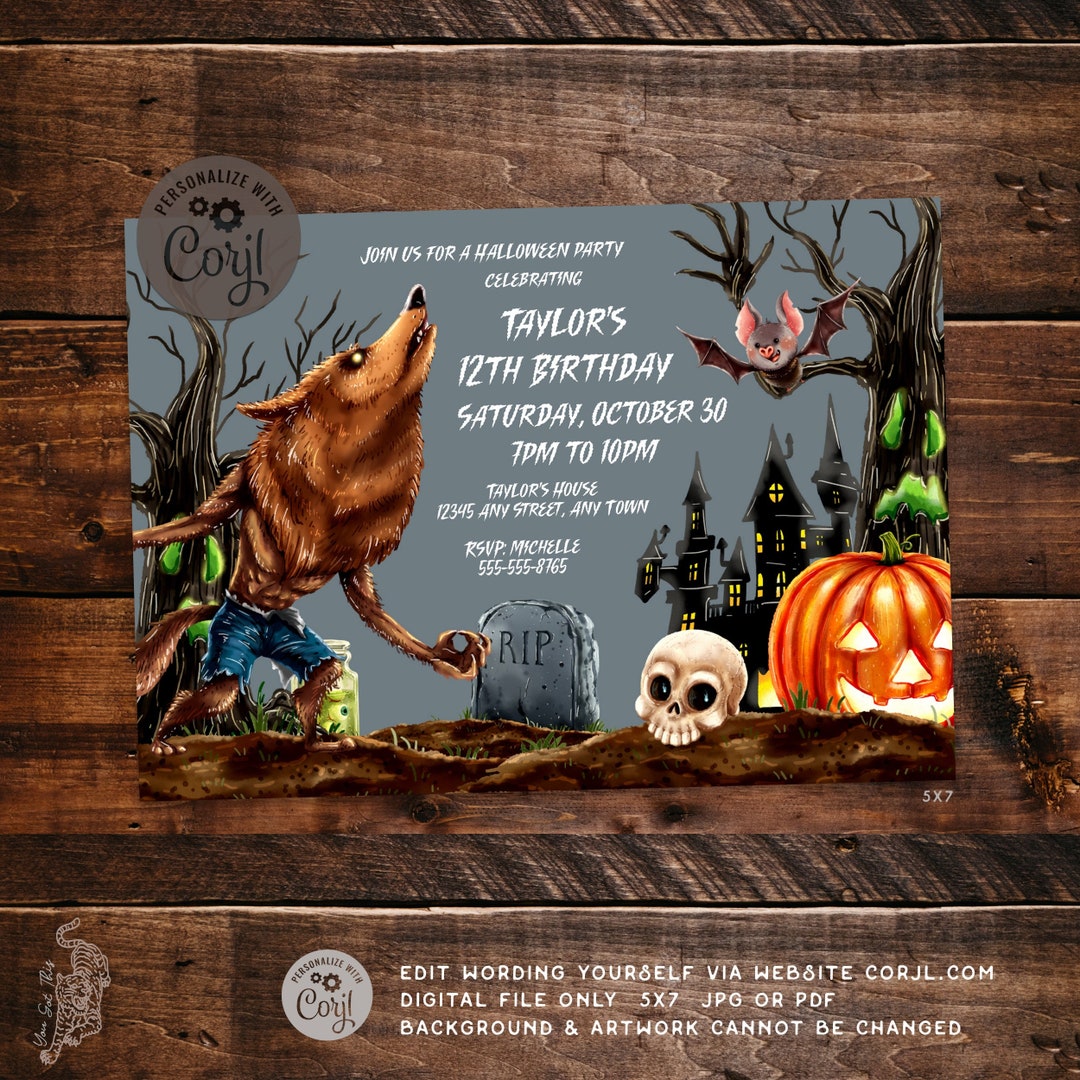 Editable Werewolf Halloween Birthday Invitation 5x7, Edit Wording ...