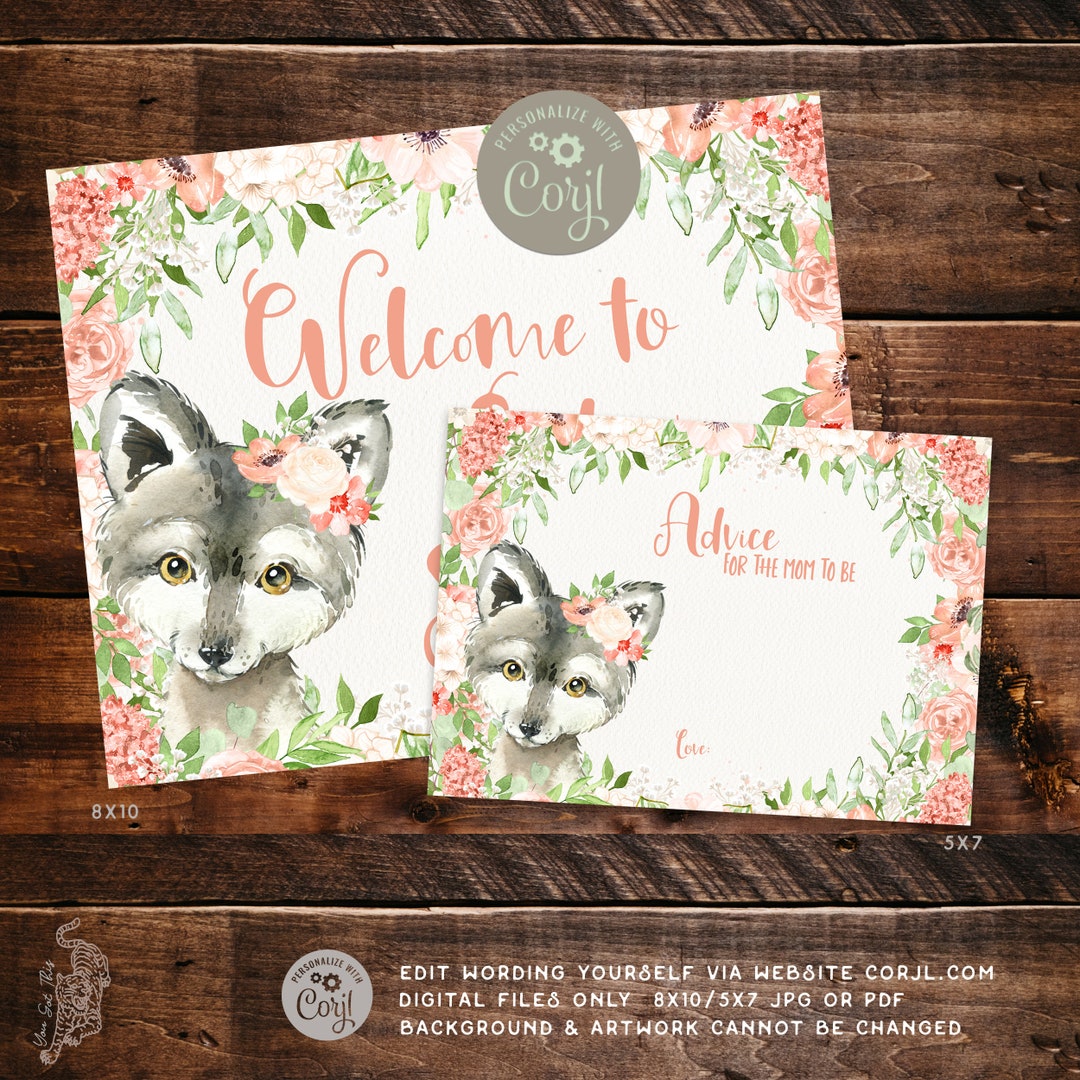Editable Floral Wolf 8x10 Welcome Sign and 5x7 Advice Card, Edit ...