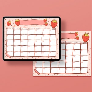 Strawberry Open Digital Calendar / Cute Printable Calendar / Cute Pink ...