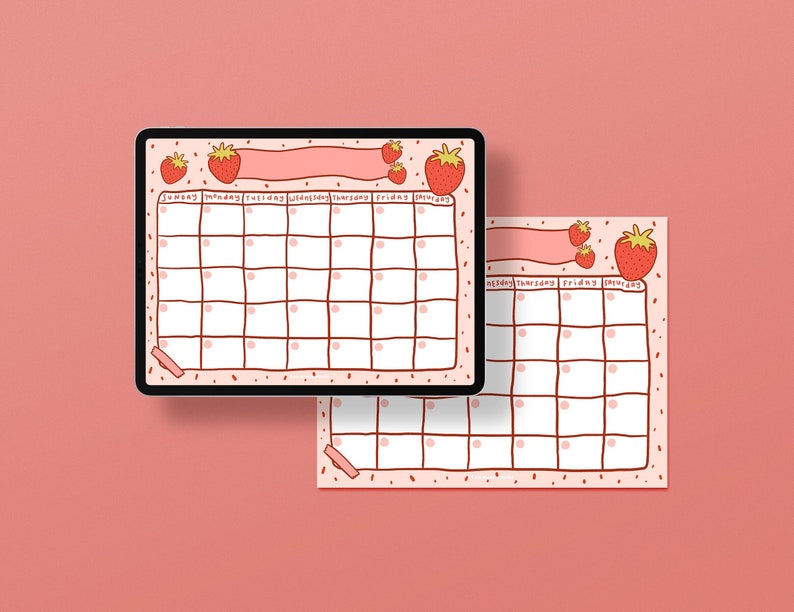 Strawberry Open Digital Calendar / Cute Printable Calendar / Cute Pink ...