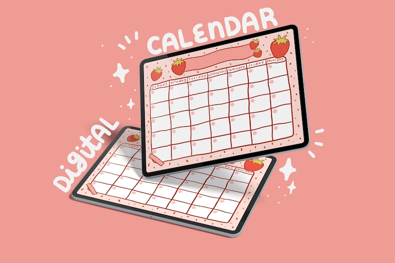 Strawberry Open Digital Calendar / Cute Printable Calendar / Cute Pink ...
