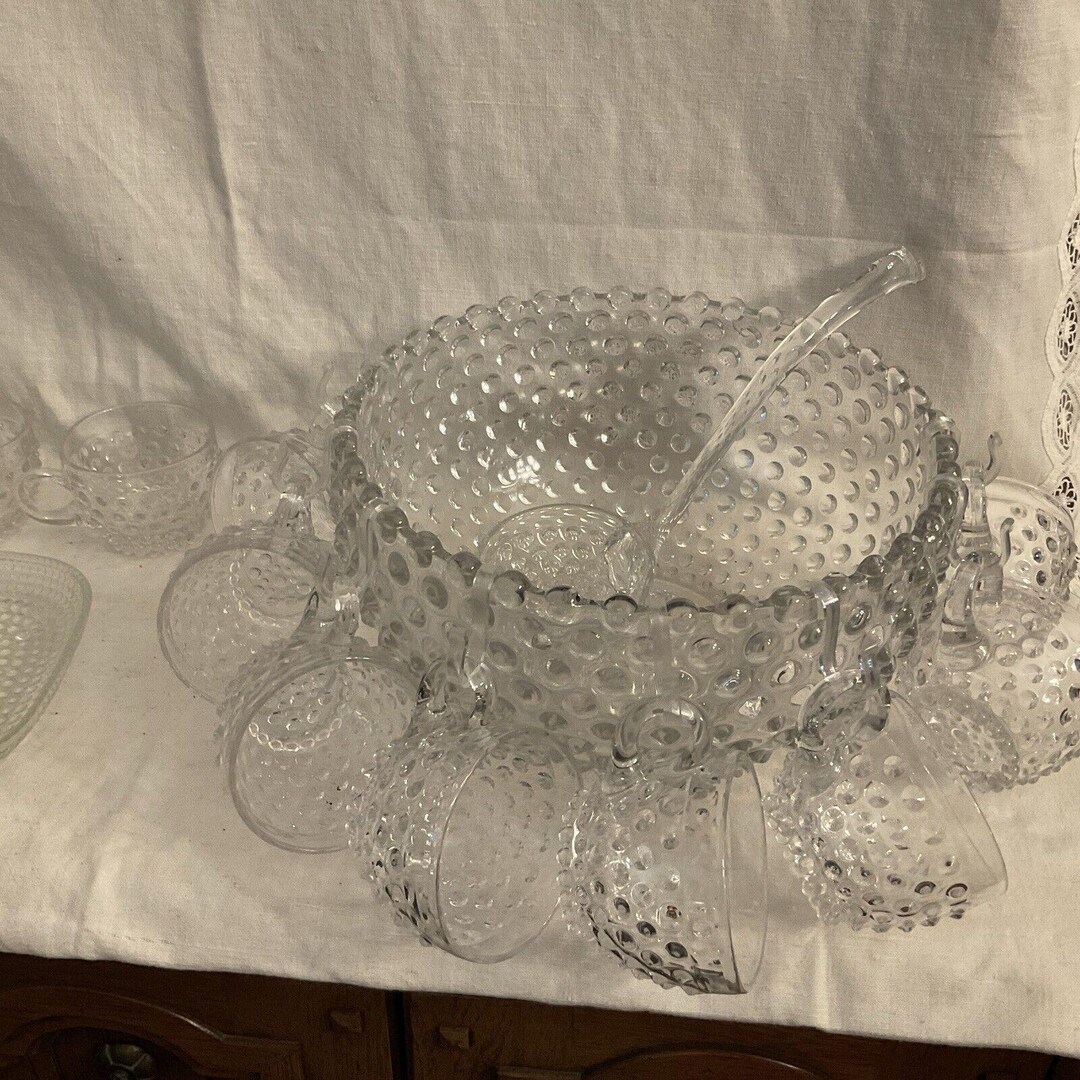 Duncan Miller Clear Bubble Glass Hobnail Punch Bowl Set ORIGINAL Cups ...