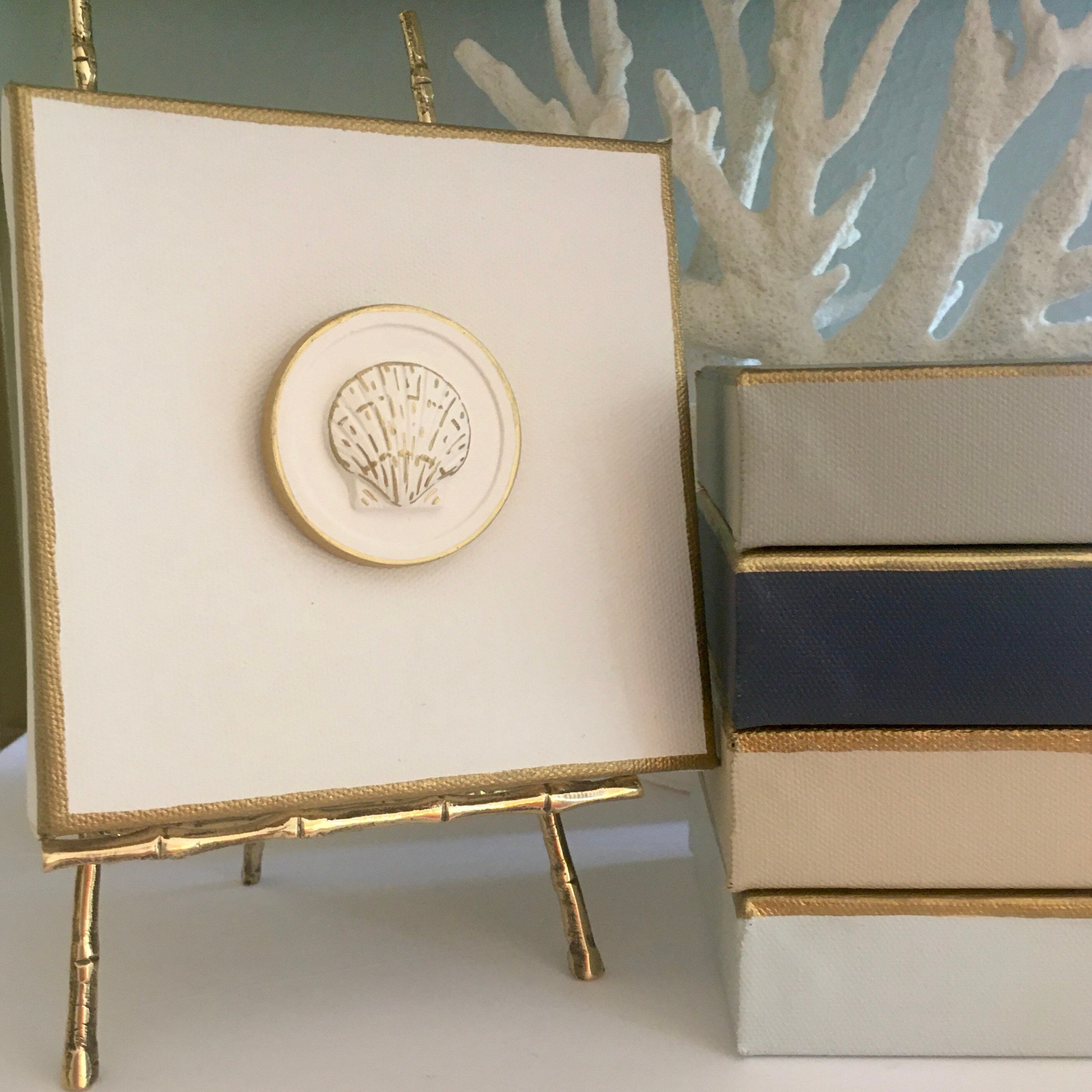 Coastal Intaglio Art on 6X6 or 5X7 Canvas, Coral, Shells or Sand Dollar ...