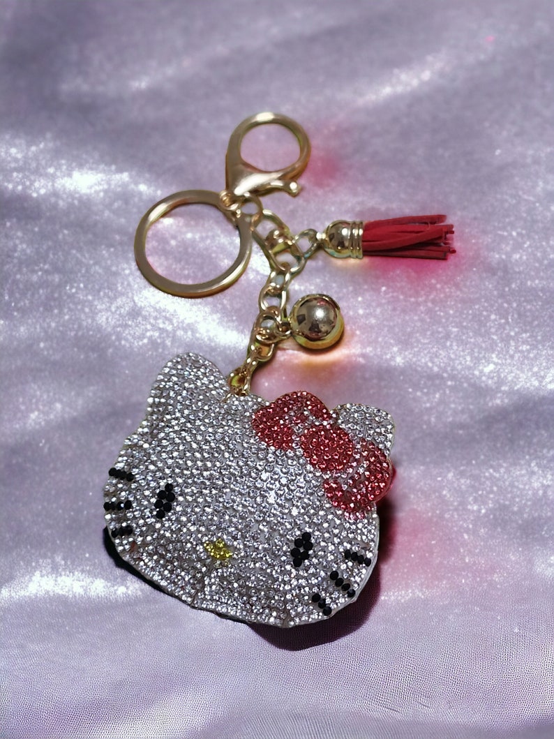 Hello Kitty Keychain Rhinestone Pompom Keychains Cute Bling Keychains ...