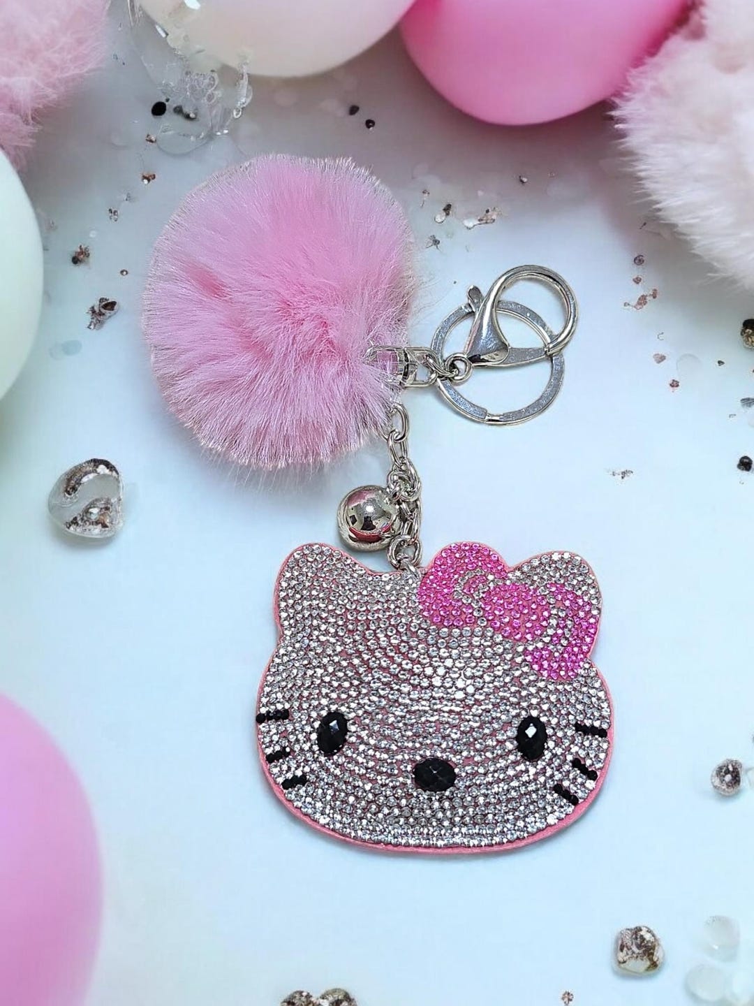 Pink Cat Pom Pom Keychain – Rhinestone Bag Charm, Cute Aesthetic Purse ...