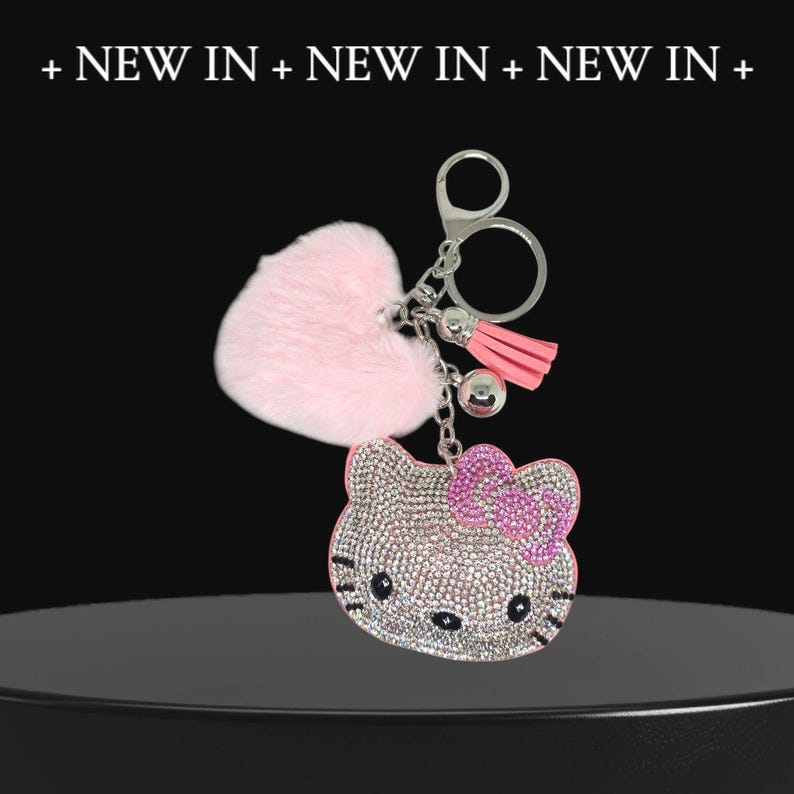 Pink Cat Pom Pom Keychain – Rhinestone Bag Charm, Cute Aesthetic Purse ...