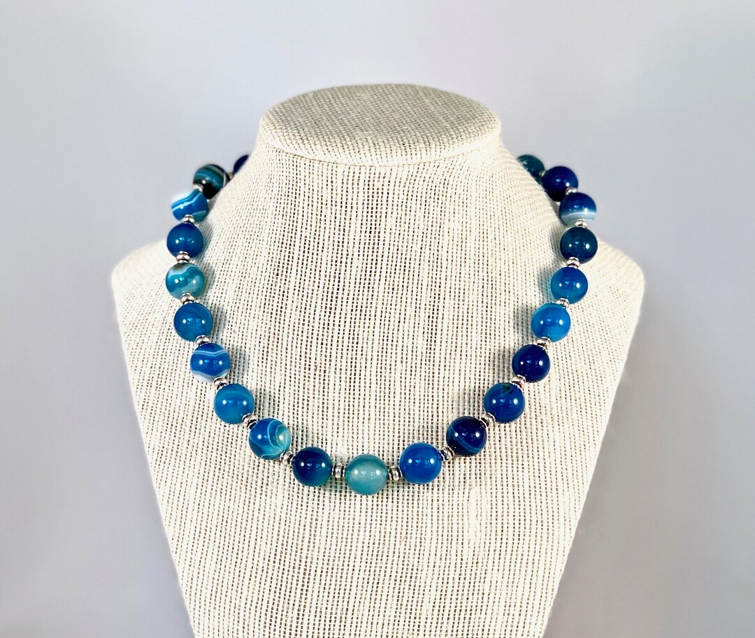 Handmade Stunning Blue Agate and Silver Bead Accent Necklace - Etsy