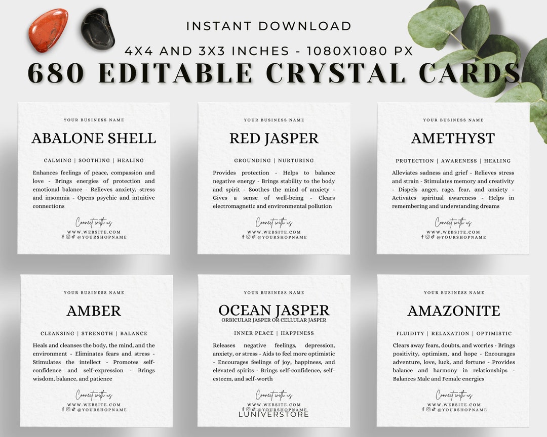 680 Printable Crystal Information Cards, Crystal Meaning Cards ...