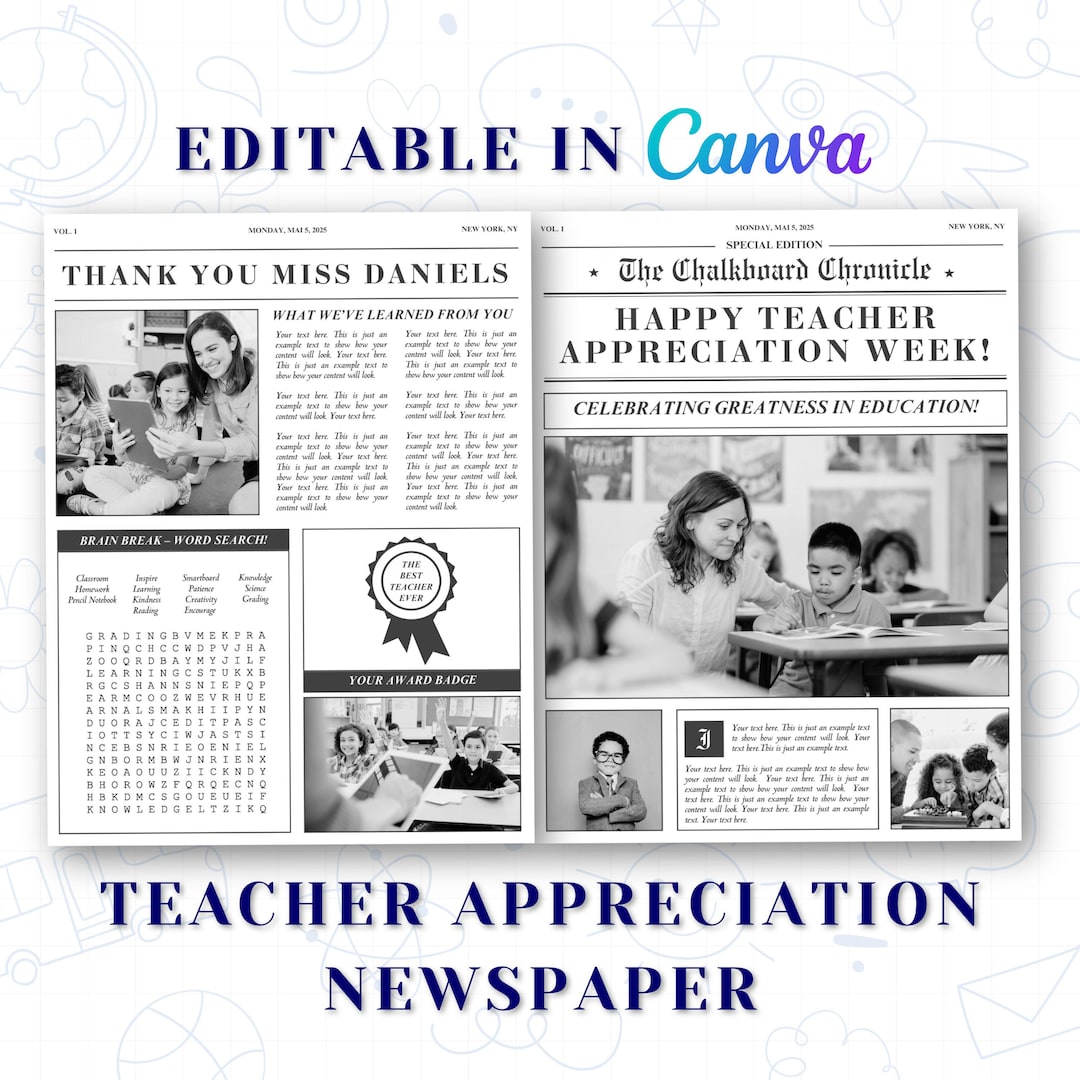 Editable Teacher Appreciation Newspaper Template, Canva Gift, Bouquet ...