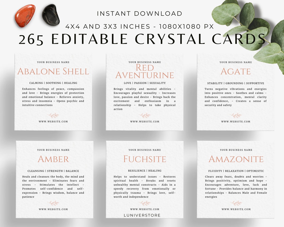 265 Editable Square Crystal Cards, Crystal Meaning Deck, Instant ...