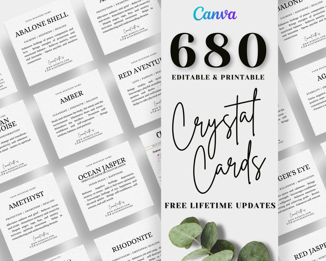 680 Crystal Meaning Cards, Printable Gemstone Reference (canva Editable ...