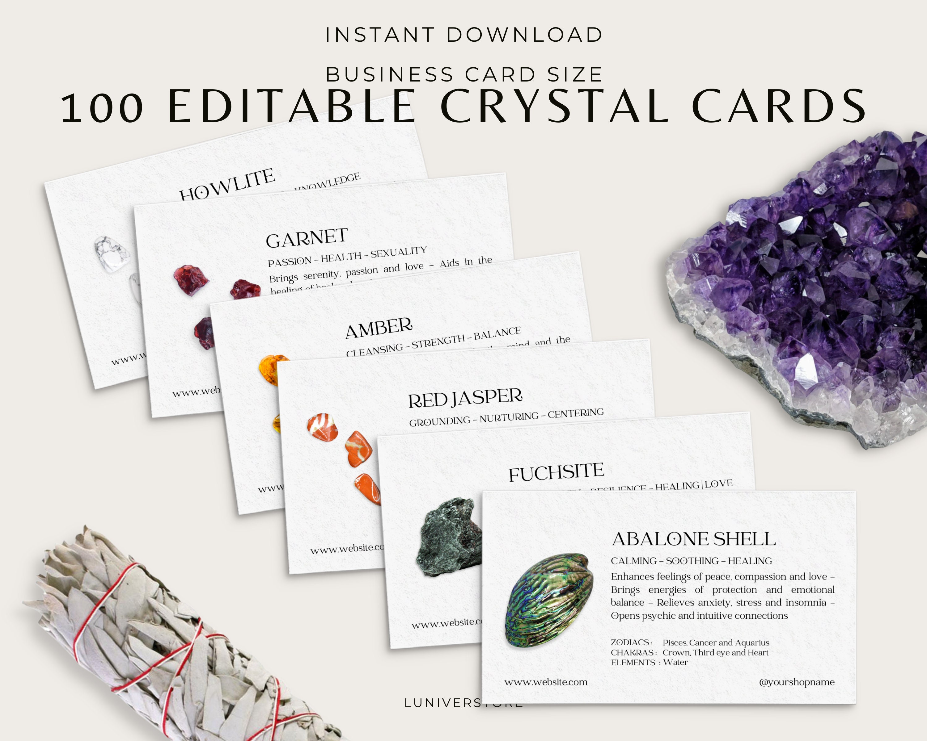 100 Editable Crystal Business Cards, Crystal Healing Deck, Instant ...