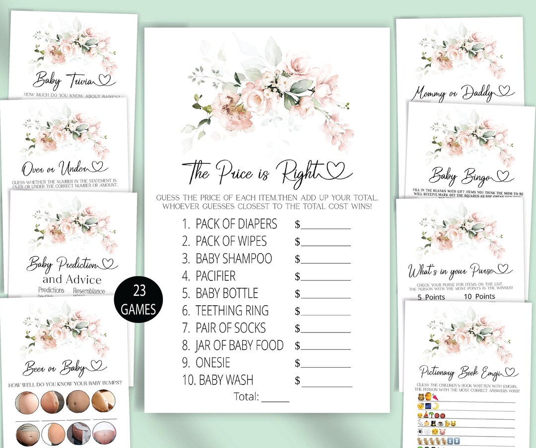 Floral Baby Shower Game,greenery Baby Shower Game Bundle,23 Baby Shower ...