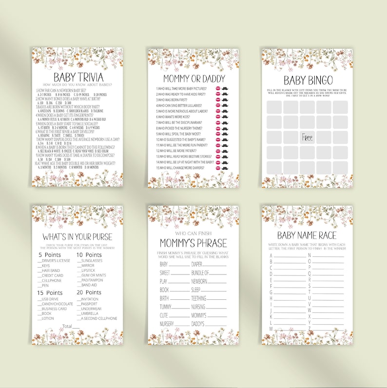 Floral Baby Shower Games,wildflower Baby Shower Game Bundle,game ...