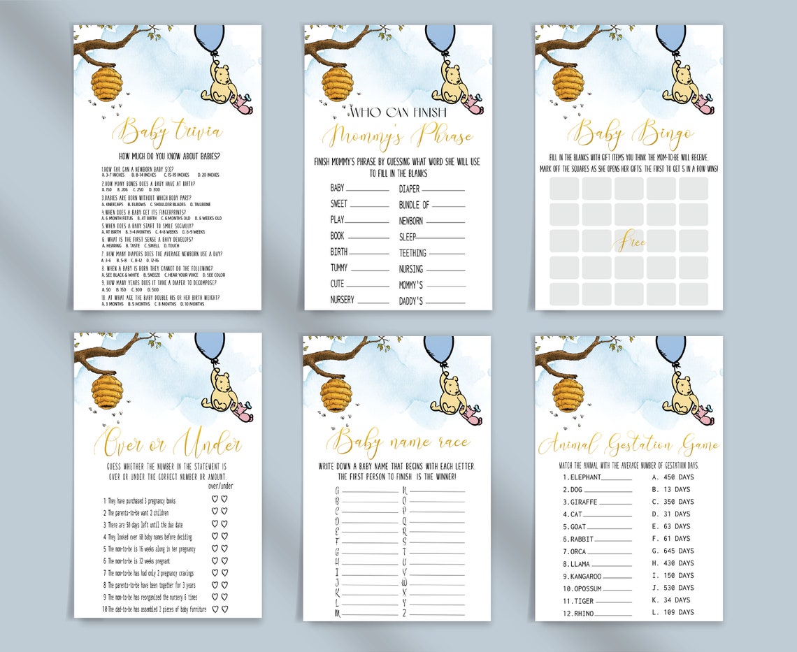Classic Winnie the Pooh Baby Shower Game Bundle, Boy Winnie the Pooh ...