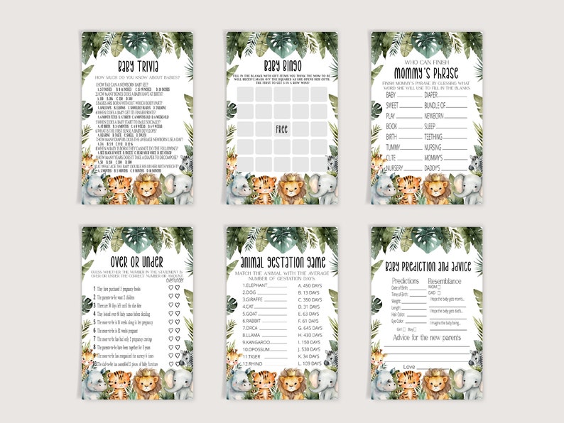 Jungle Safari Animals Baby Shower Games Bundle,baby Shower Games,safari ...