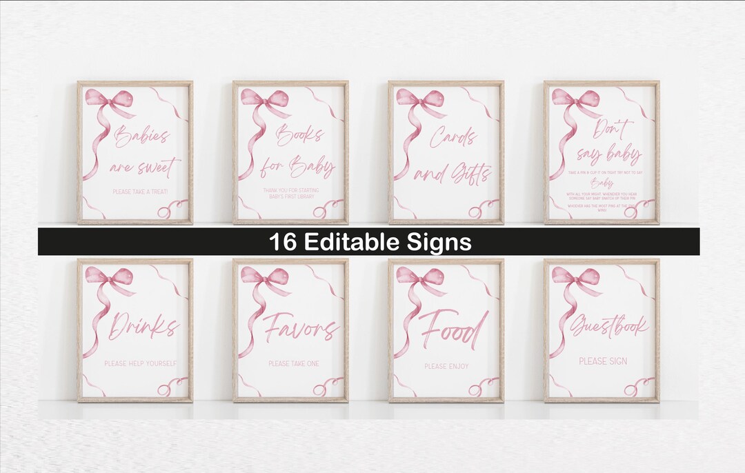 Pink Bow Baby Shower Sign Bundle,girl Baby Shower Bundle,editable Sign ...