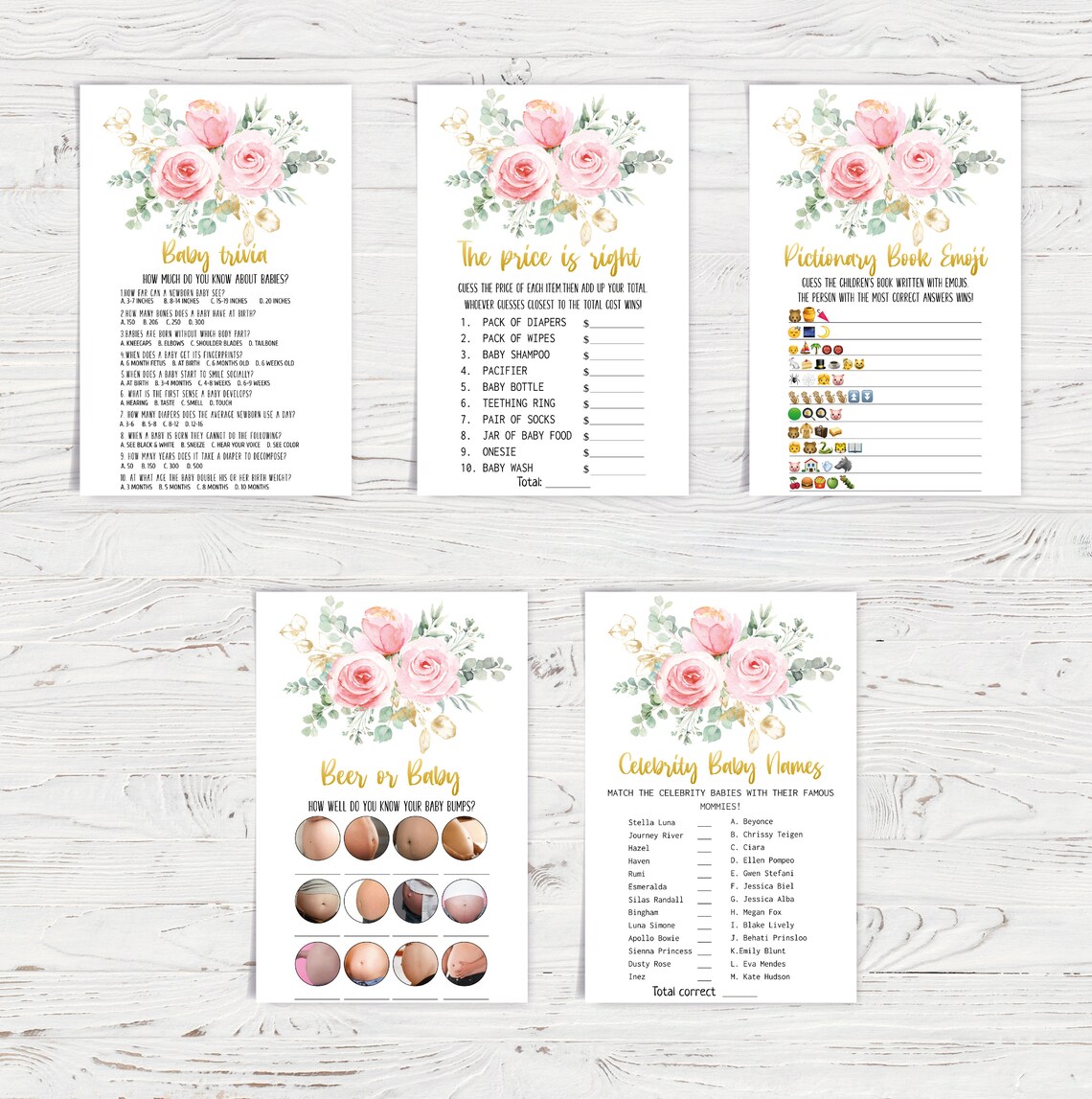 Floral Baby Shower Game,gold Blush Floral Game Bundle,girl Baby Shower ...