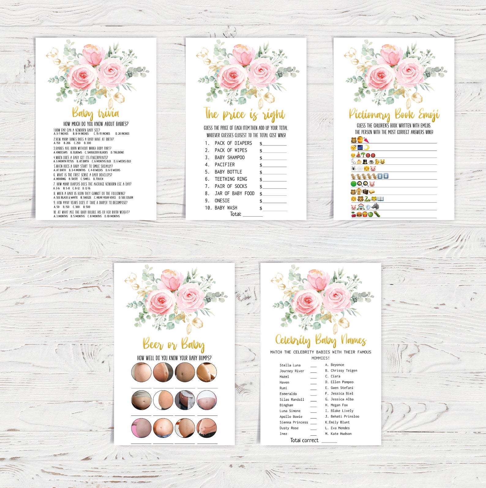 Floral Baby Shower Gamegold Blush Floral Game Bundlegirl - Etsy