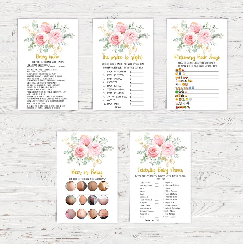 Floral Baby Shower Gamegold Blush Floral Game Bundlegirl - Etsy