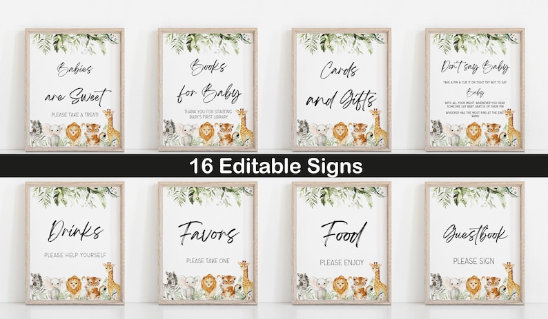 Safari Baby Shower Table Sign, Editable Baby Shower Signs,sign Bundle ...
