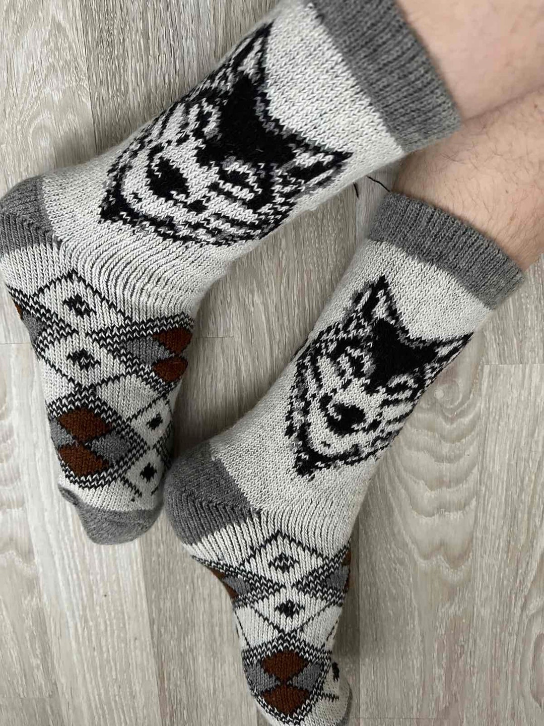 Angora Wool Men's Socks: Gray Knitted Wolf Pattern, Winter Warmth - Etsy
