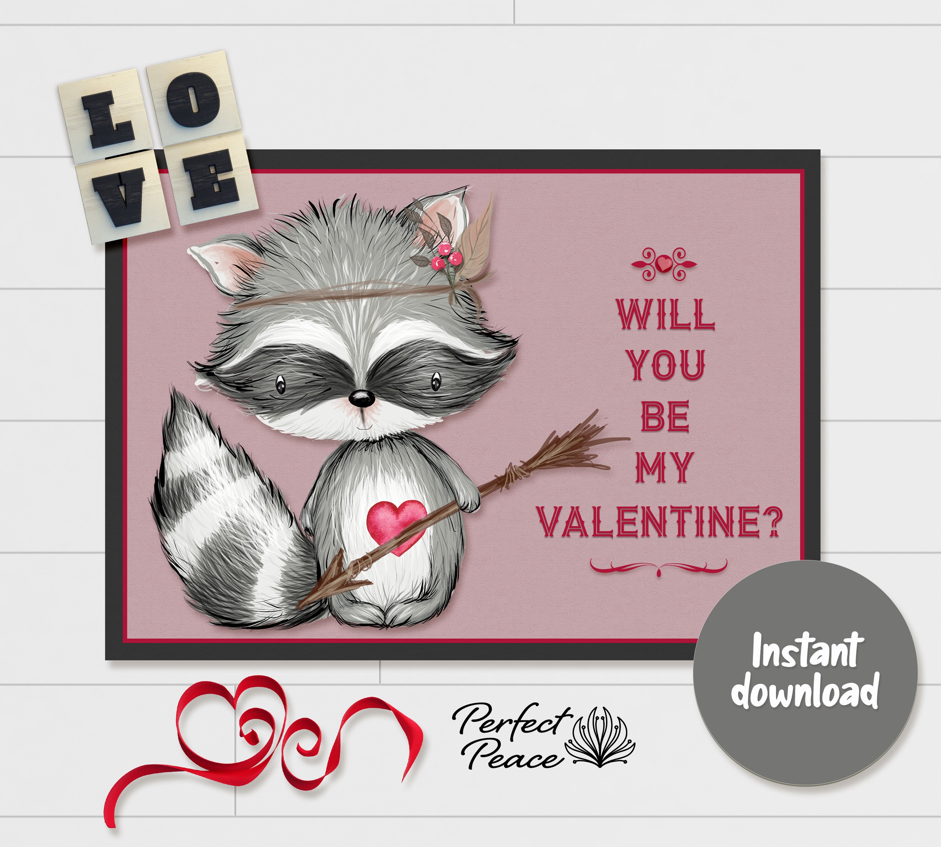 Raccoon Valentine, Downloadable Card, Digital Card, Love Card ...