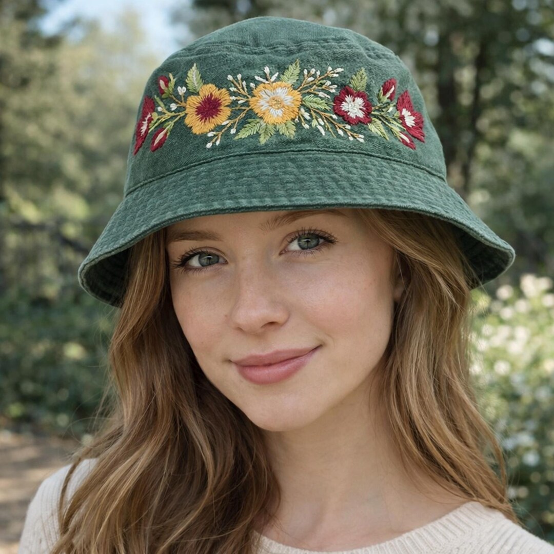 Floral Stitch Cotton Bucket Hat for Women, Vintage Cottagecore Style ...