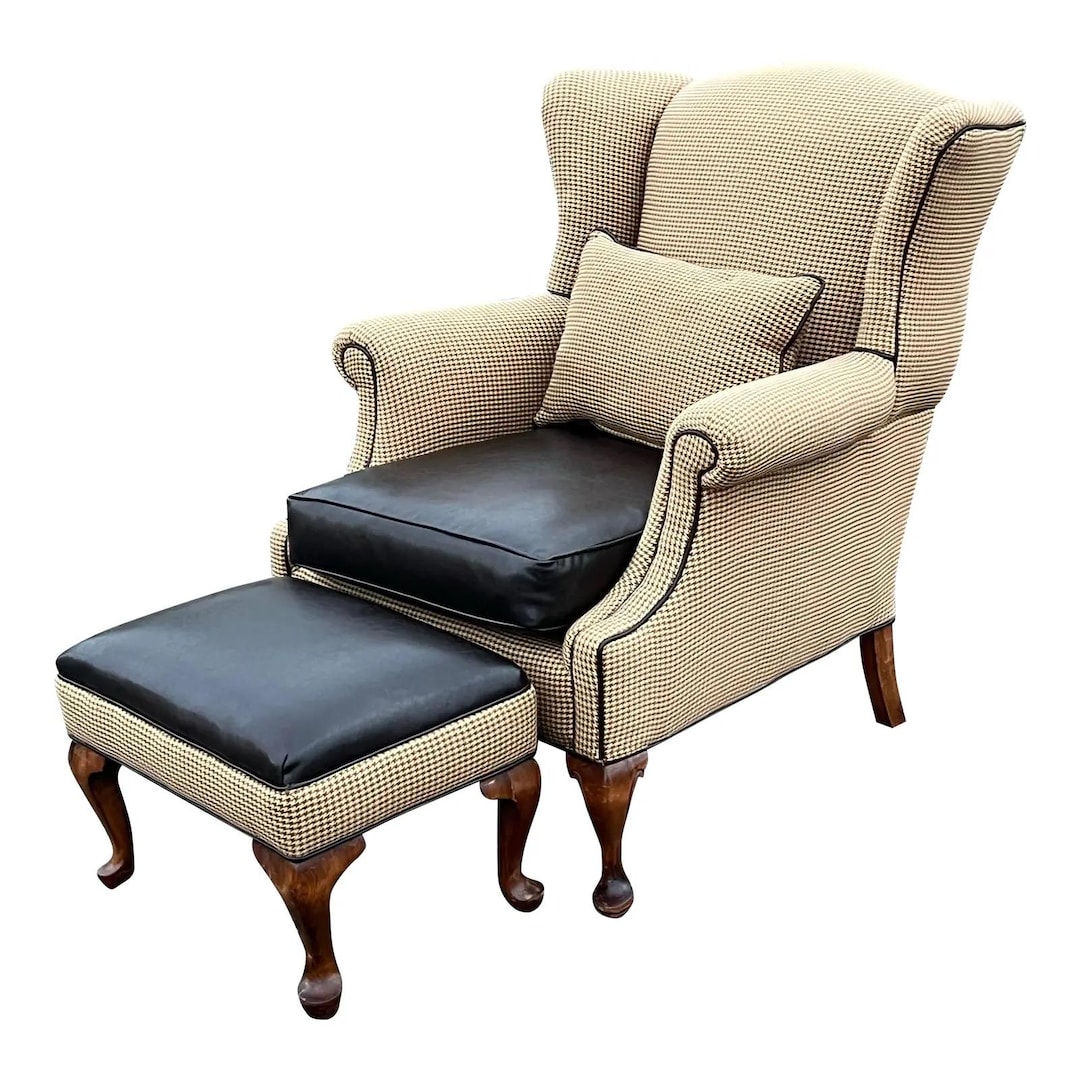 Vintage Houndstooth Wingback Chair With Ottoman - Etsy