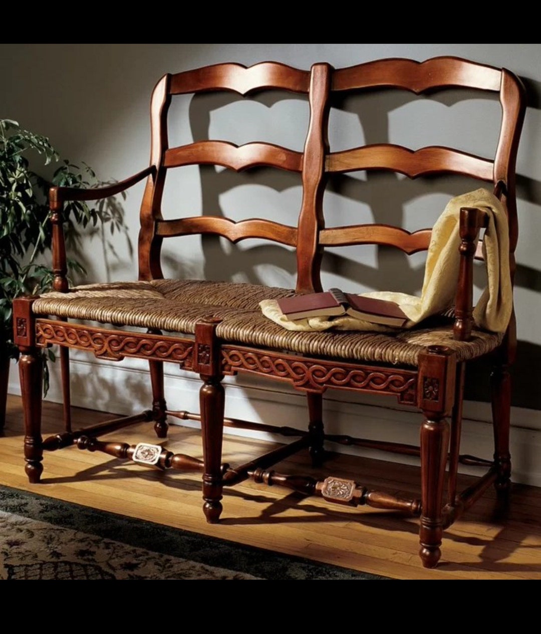 Carved Country French Rush Seat Ladderback Bench Settee - Etsy