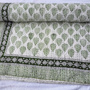Green Indian Bedspread Green Leaf Kantha Quilt Handblock Print Etsy