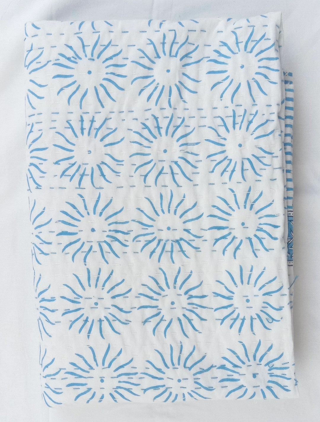 Indian White & Blue Indian Block Print Kantha Quilt 100% - Etsy