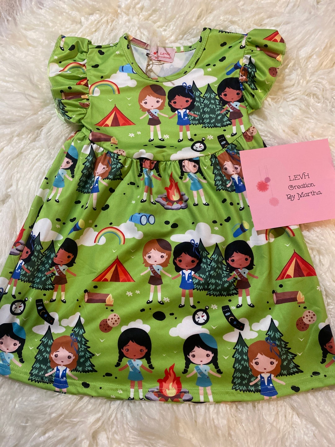 Girls Green Camping Flutter Sleeve Milk Dress Etsy