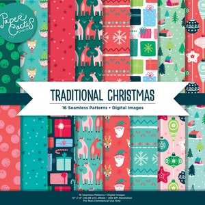 Traditional Cute Christmas Digital Paper Pack illustrated - Etsy