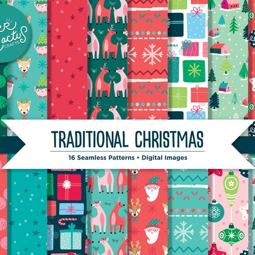 Traditional Cute Christmas Digital Paper Pack illustrated - Etsy