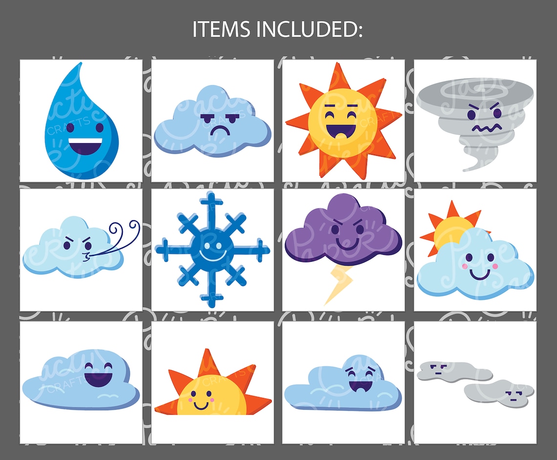 Kids Weather Icons Instant Download Illustrated Clip Art | Etsy