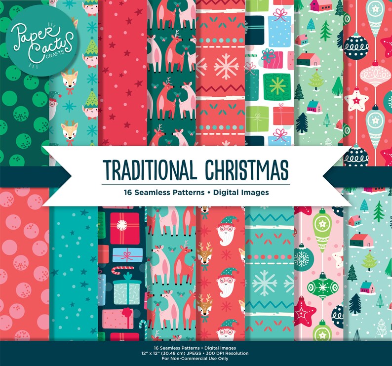 Traditional Cute Christmas Digital Paper Pack illustrated - Etsy
