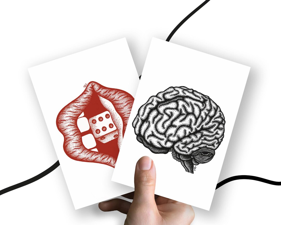 Postcards of Black and White Brains and Red Lips With Dice Drawing in ...