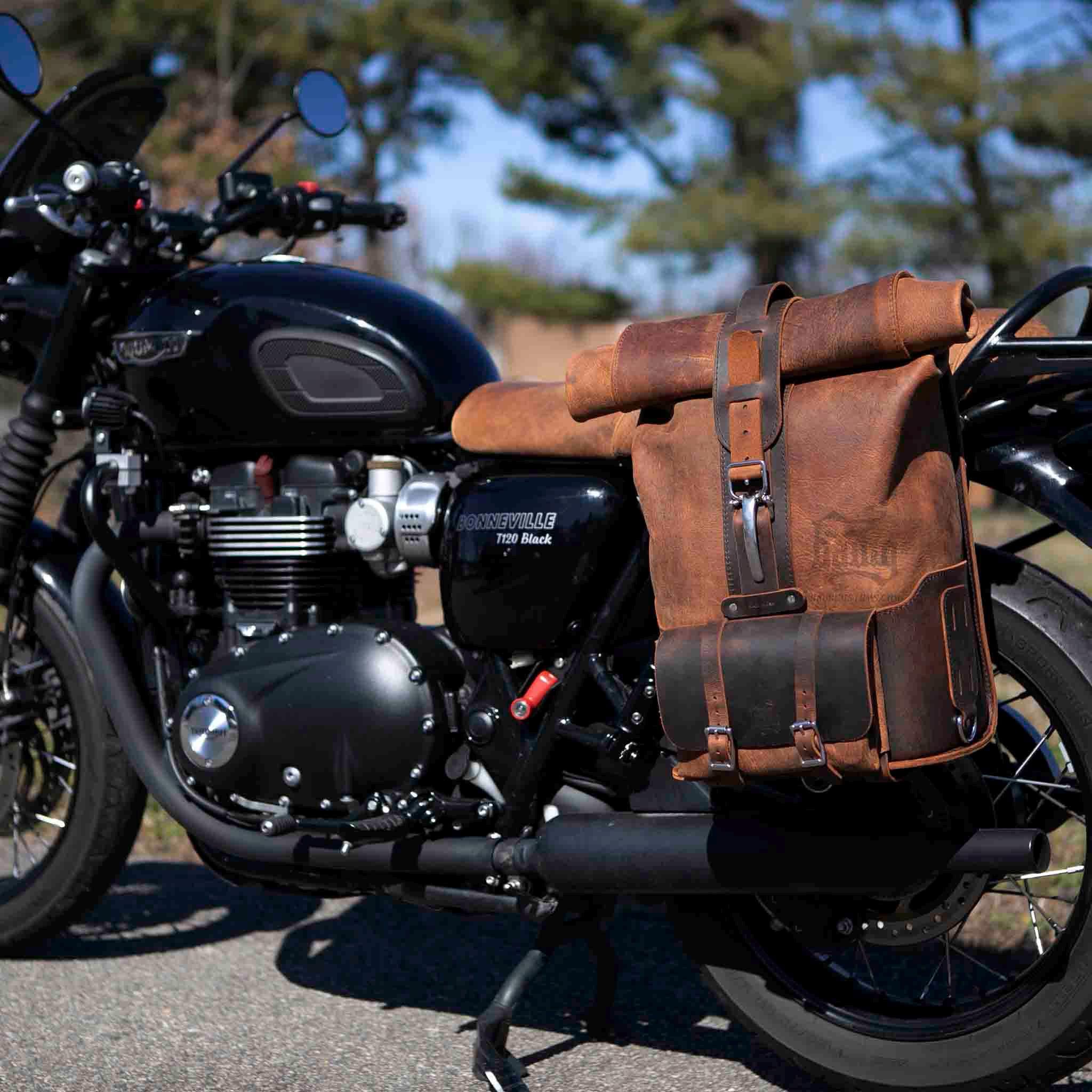 Universal Motorcycle Rolltop Backpack Saddlebag Brown Buffalo Leather ...